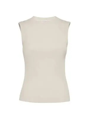 Brunello Cucinelli Cotton Ribbed Jersey Top With Monili Cool Beige