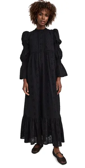 English Factory Embroidered Swiss Dot Maxi Dress - Black