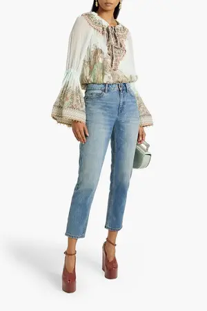 Zimmermann Cropped Embroidered High-rise Straight-leg Jeans