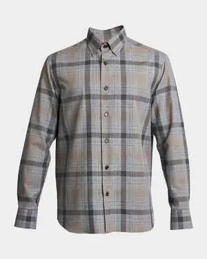 Brioni Wool Plaid Sport Shirt Brown