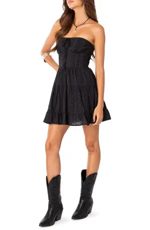 EDIKTED Liora Strapless Embroidered Eyelet Cotton Minidress - Black