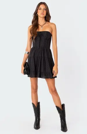 EDIKTED Liora Strapless Embroidered Eyelet Cotton Minidress - Black