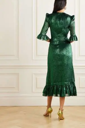 Mint Velvet Wedding Guest Dresses The Vampire'S Wife The Falconetti Ruffled  Metallic Silk-Blend Midi Dress Emerald Editorialist