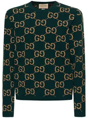 Gucci Gg Wool Knit Crewneck Sweater - Green,camel