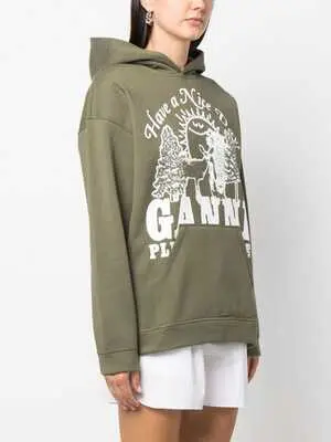 GANNI Logo-print Organic Cotton Hoodie - Green