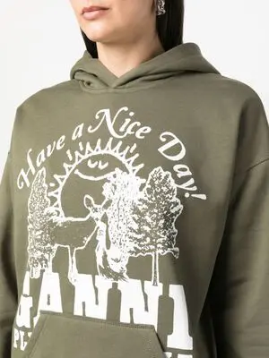 GANNI Logo-print Organic Cotton Hoodie - Green