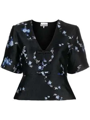 GANNI Floral Jacquard V-neck Blouse - Black