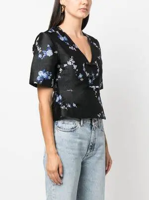 GANNI Floral Jacquard V-neck Blouse