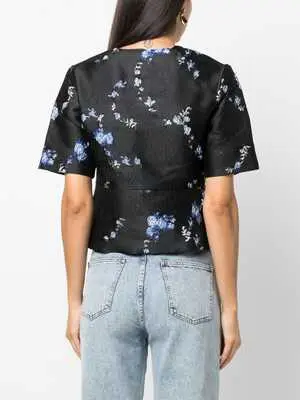 GANNI Floral Jacquard V-neck Blouse