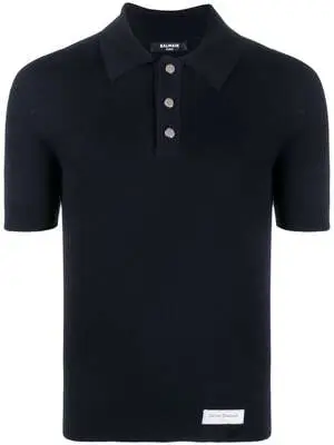 Balmain Logo-patch Wool Polo Shirt - Blue