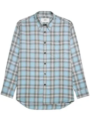 AMI Paris Long-sleeved Checkered Knitted Shirt - Blue