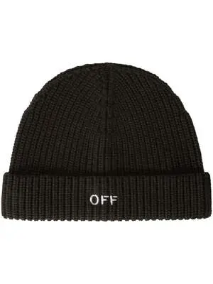 Off-White Embroidered Ribbed-knit Beanie - Black
