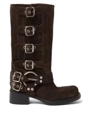 Miu Miu Buckle-detail Block-heel Boots - Brown