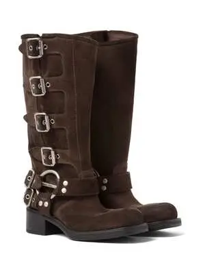 Miu Miu Buckle-detail Block-heel Boots - Brown