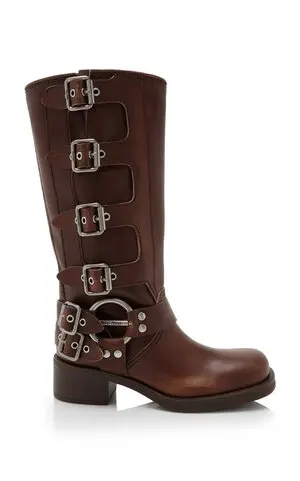 Miu Miu Buckle-detailed Leather Knee Boots - Brown