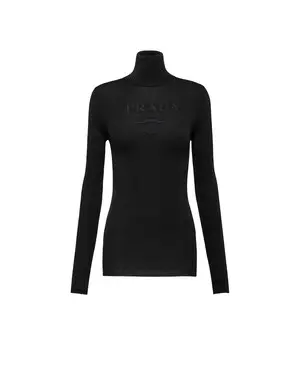 Prada Superfine Wool Ribbed Knit Turtleneck Sweater With Raglan Shoulders - Black