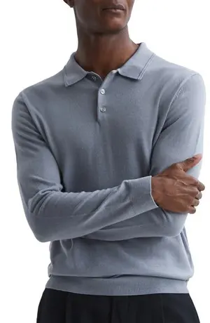 REISS Trafford Long Sleeve Wool Polo Sweater Porcelain Blue
