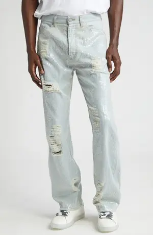 Palm Angels Ripped Sequin Straight Leg Jeans