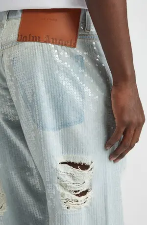 Palm Angels Ripped Sequin Straight Leg Jeans