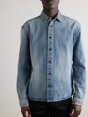 Saint Laurent Logo-embroidered Denim Shirt - Blue