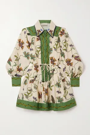ALEMAIS Birdie Belted Printed Linen Mini Shirt Dress