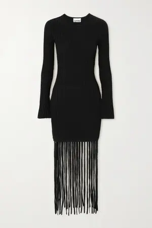 GANNI Fringed Ribbed-knit Mini Dress