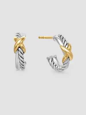 David Yurman Petite X Hoop Earrings In Sterling Silver With 18k 12.6mm - Diamond