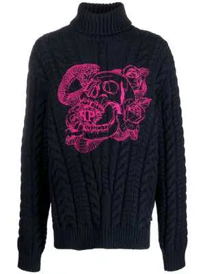Philipp Plein Embroidered Skull Roll-neck Jumper - Blue