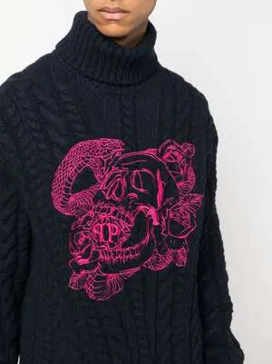 Philipp Plein Embroidered Skull Roll-neck Jumper - Blue