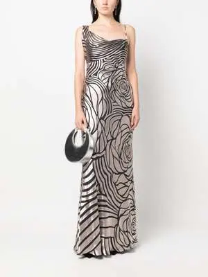 Alberta Ferretti Sleeveless Asymmetric Rose-print Gown