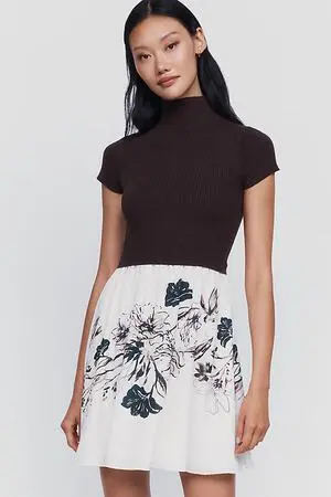 Anthropologie Thea Short Sleeve Twofer Mini Dress - Brown Pattern