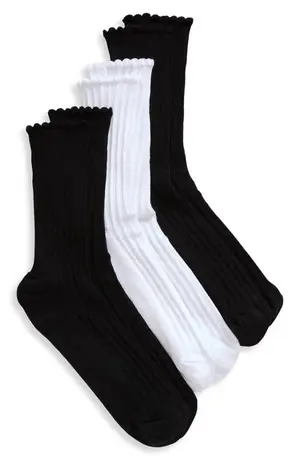 Hue 3-Pack Scalloped Pointelle Crew Socks Black/ White
