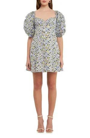 Endless Rose Floral Print Puff Sleeve Mini Dress - Blue Multi