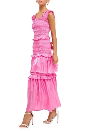 Endless Rose Sheer Smocked Tiered Maxi Dress - Pink