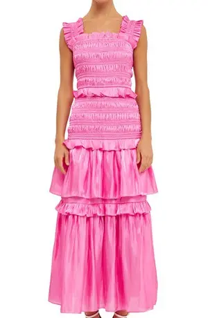 Endless Rose Sheer Smocked Tiered Maxi Dress - Pink