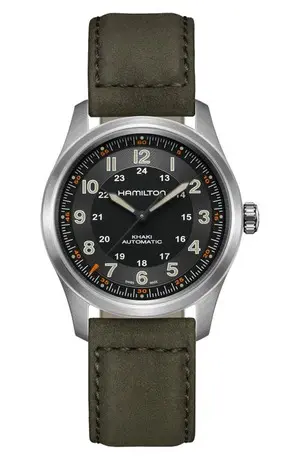 Hamilton Khaki Field Automatic Leather Strap Watch - Black