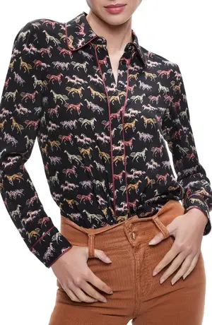 Alice + Olivia Willa Horse Print Piped Silk Shirt