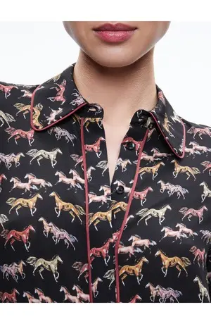 Alice + Olivia Willa Horse Print Piped Silk Shirt