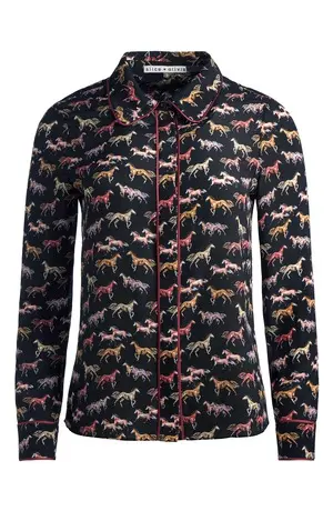 Alice + Olivia Willa Horse Print Piped Silk Shirt