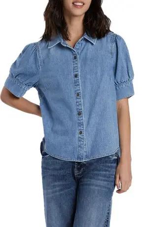WASH LAB DENIM Perfect Puff Sleeve Denim Shirt Blue Puff