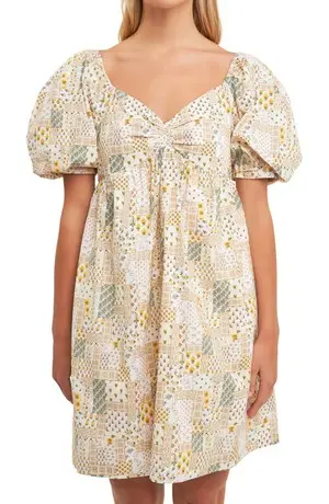 FREE THE ROSES Patchwork Puff Sleeve Babydoll Dress