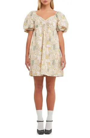 FREE THE ROSES Patchwork Puff Sleeve Babydoll Dress