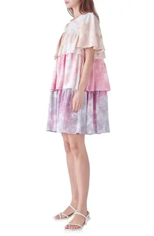FREE THE ROSES Tie-dye Swiss Dot Tiered Dress