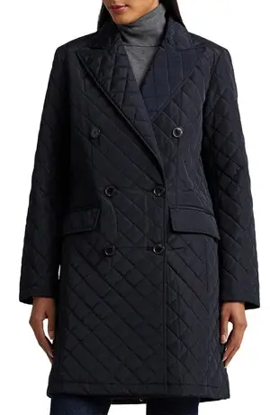 Ralph Lauren Crest Embroidered Quilted Double Breasted Coat - Dk Navy