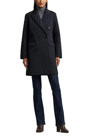 Ralph Lauren Crest Embroidered Quilted Double Breasted Coat - Dk Navy