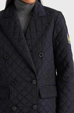 Ralph Lauren Crest Embroidered Quilted Double Breasted Coat - Dk Navy
