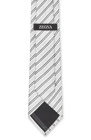 Zegna Evening Regimental Silk & Cotton Tie - Silver