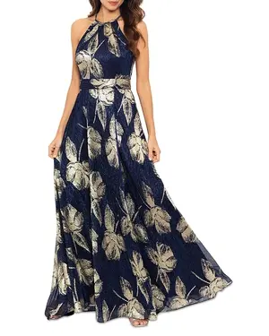 Aqua Floral Print Foil Halter Gown - Navy/gold