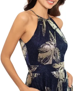 Aqua Floral Print Foil Halter Gown - Navy/gold
