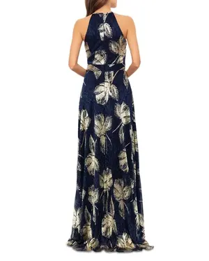 Aqua Floral Print Foil Halter Gown - Navy/gold